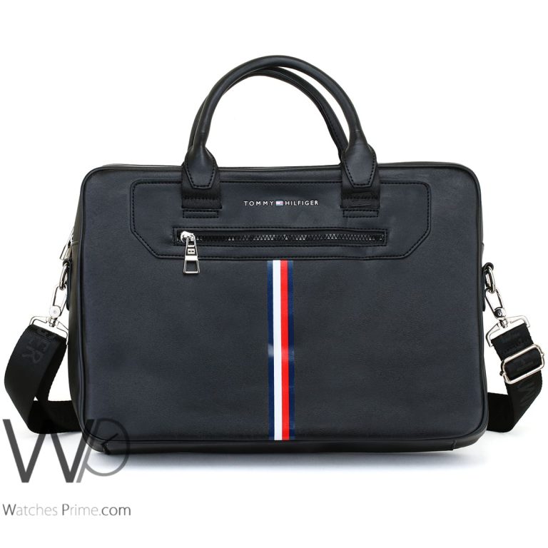 Black Tommy Hilfiger Laptop Bag Leather Men | Watches Prime