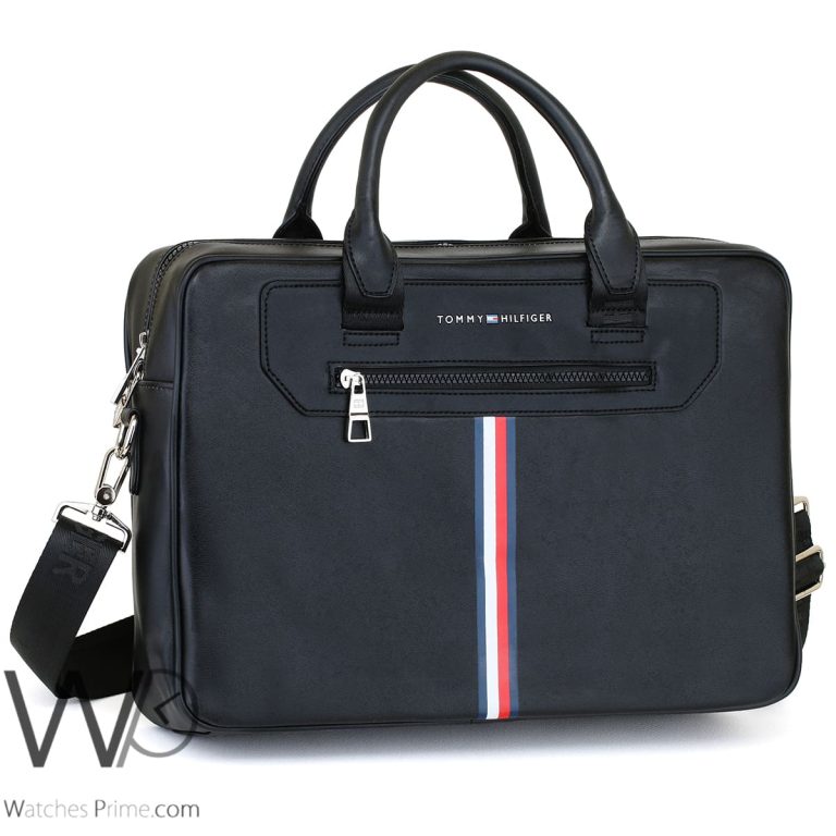 Black Tommy Hilfiger Laptop Bag Leather Men | Watches Prime