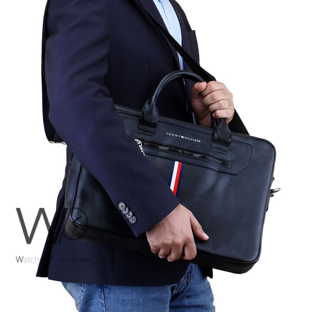 Black Tommy Hilfiger Laptop Bag Leather Men | Watches Prime