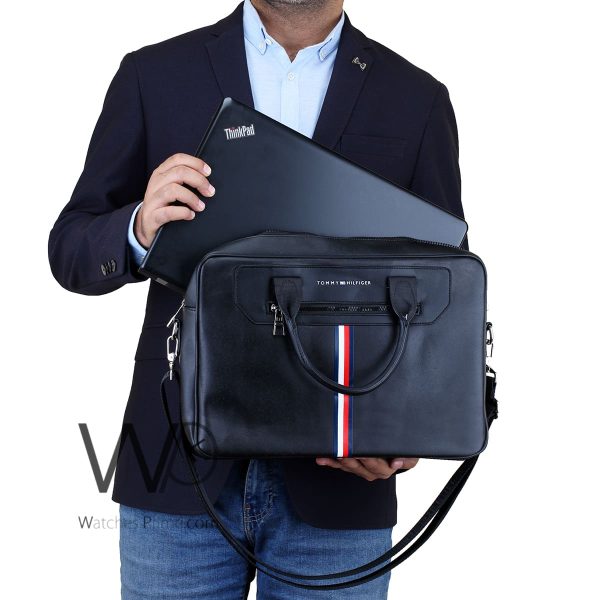 Black Tommy Hilfiger Laptop Bag Leather Men | Watches Prime