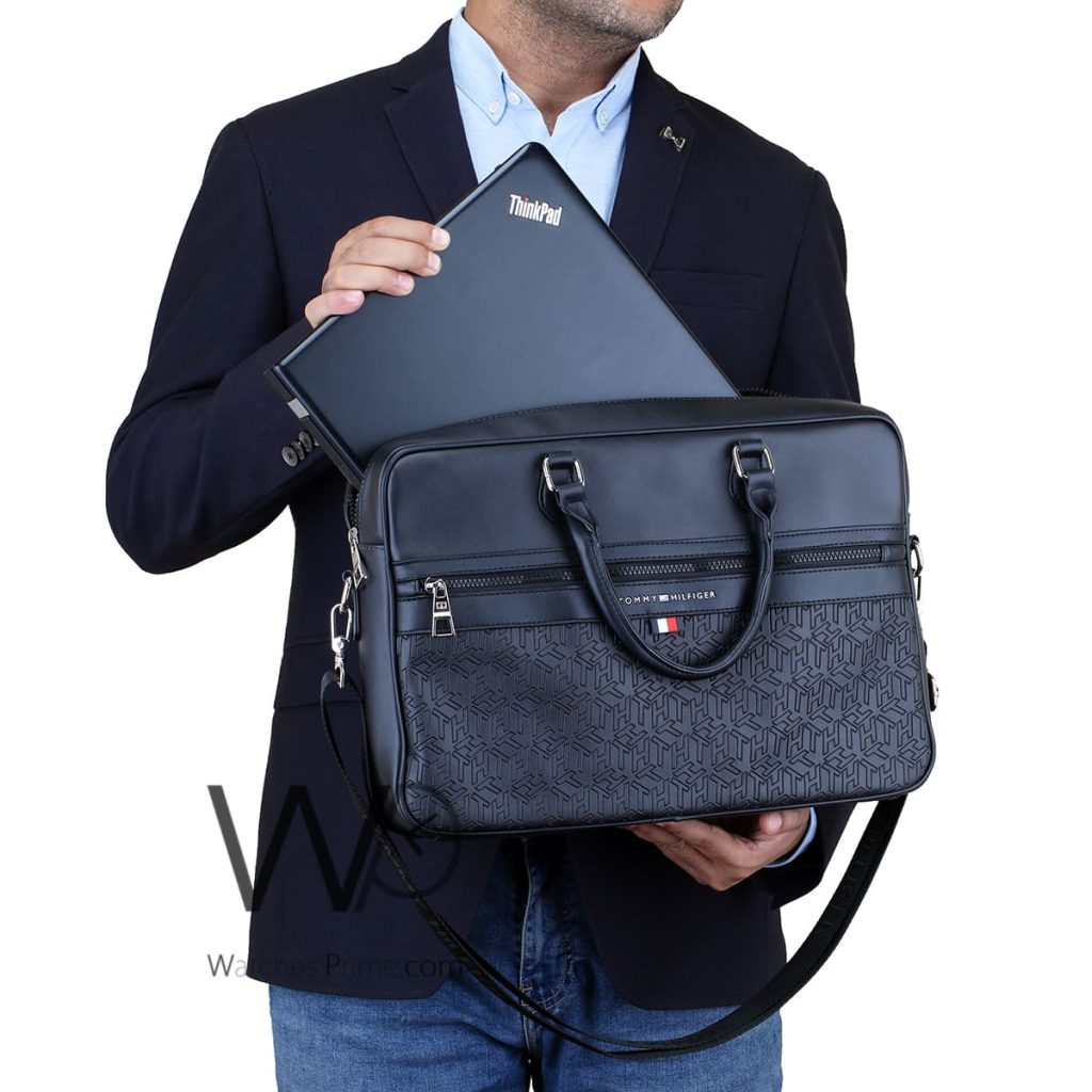 Black Tommy Hilfiger Laptop Bag Leather Men | Watches Prime