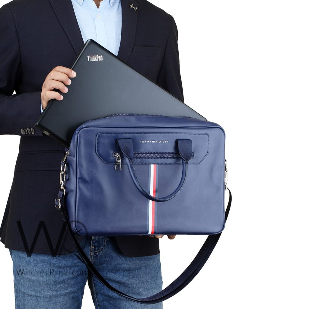 Blue Tommy Hilfiger Laptop Bag Leather Men | Watches Prime
