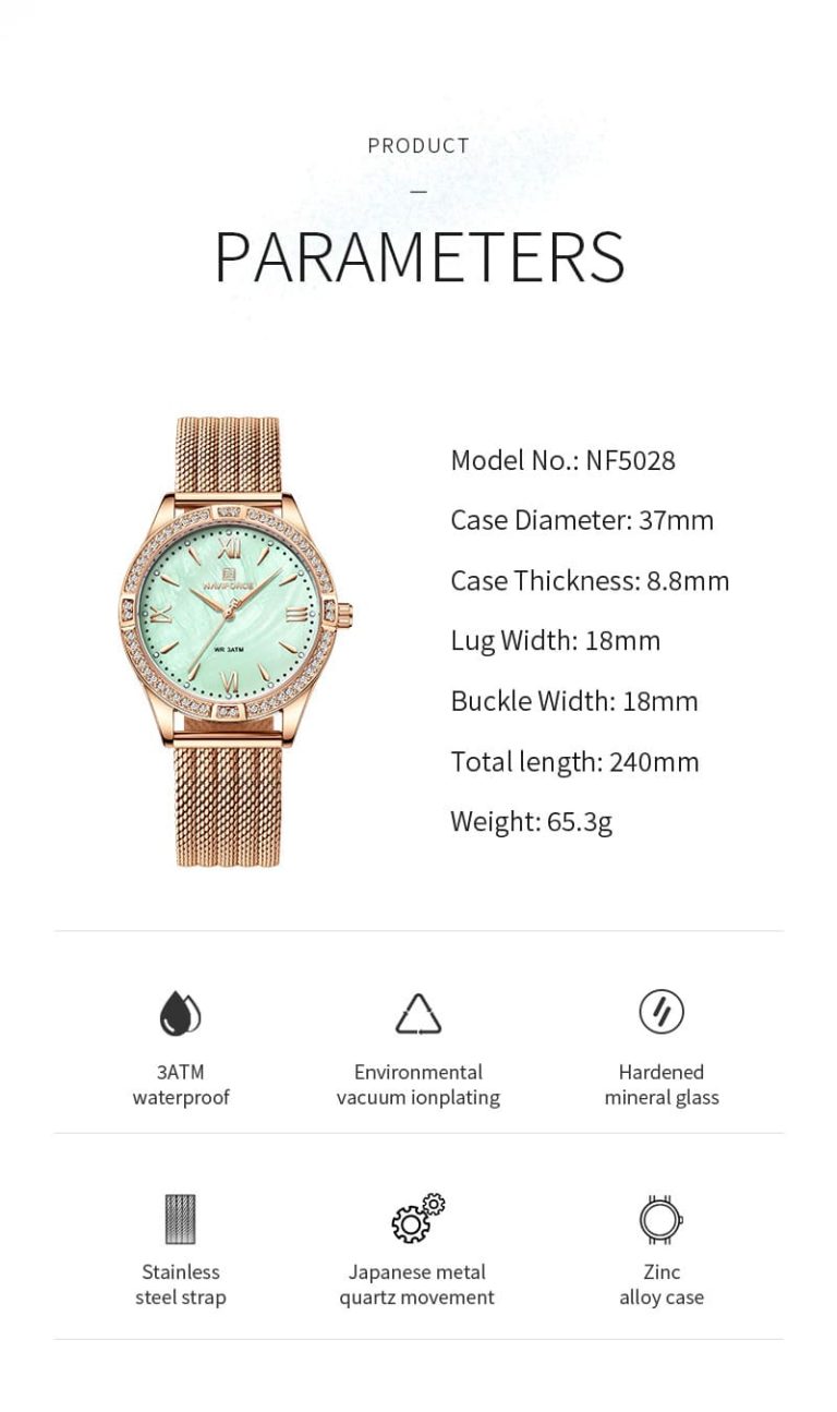 ساعة يد نافي فورس للنساء NF5028 RG GN | واتشز برايم